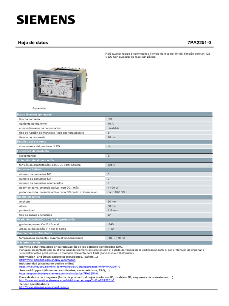 7PA22510 Datasheet Es | PDF | Relé | Electricidad