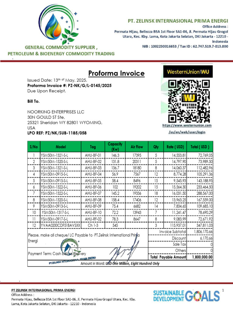 1.8m Proforma Invoice Revised | PDF | Money | Payments