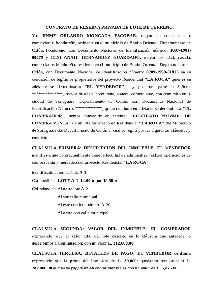 Contrato de Reserva Privada de Lote de Modelo | PDF