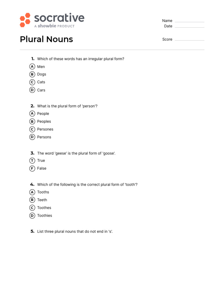 Quiz Plural Nouns | PDF