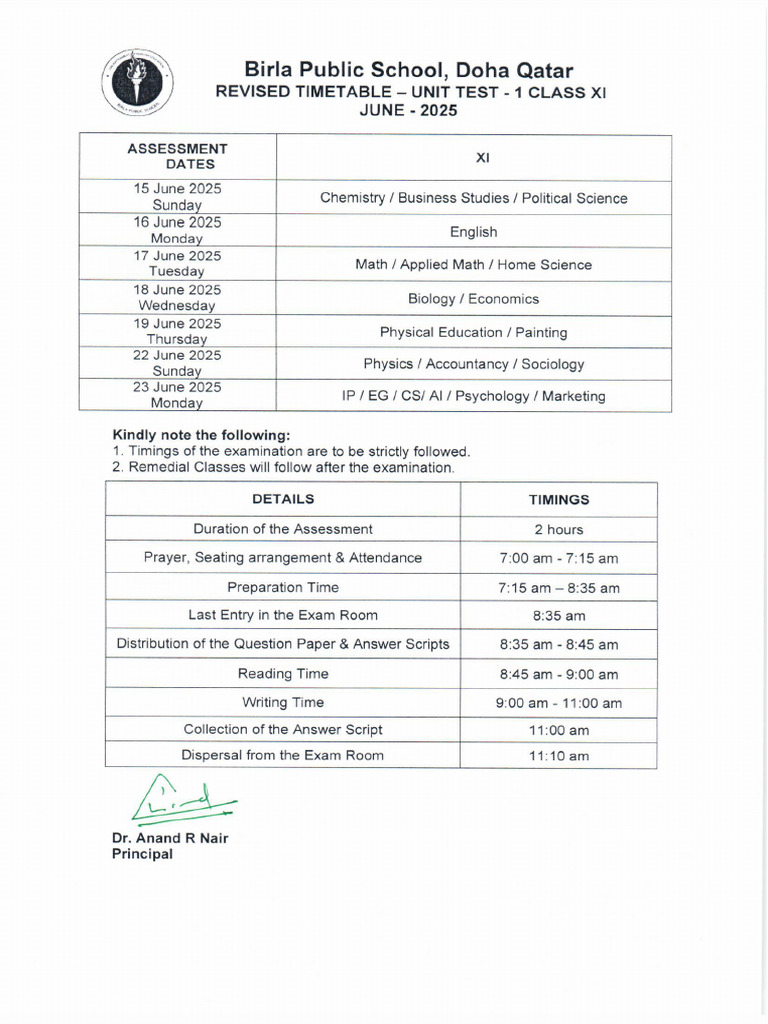 Revised Timetable For UT 1 For Gr. XI - June 2025 | PDF