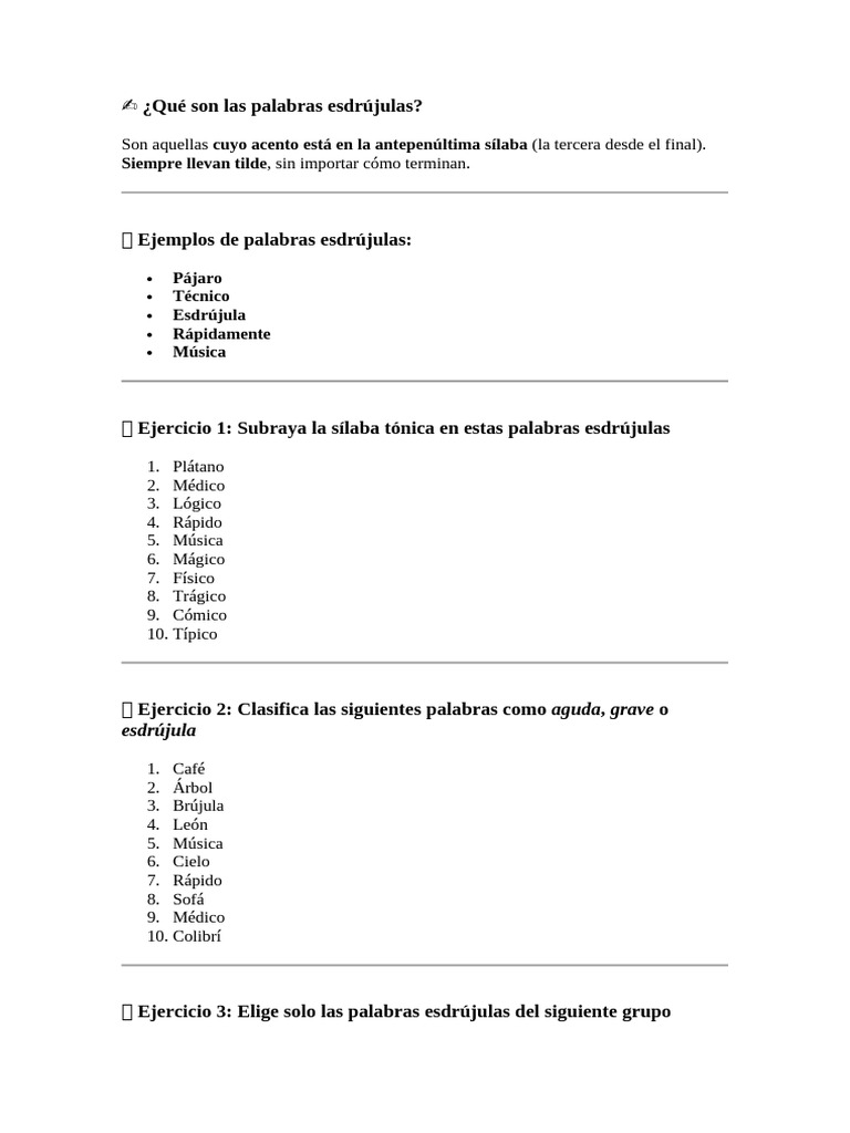 Ejercicio Deber Palabras Esdrujulas | PDF