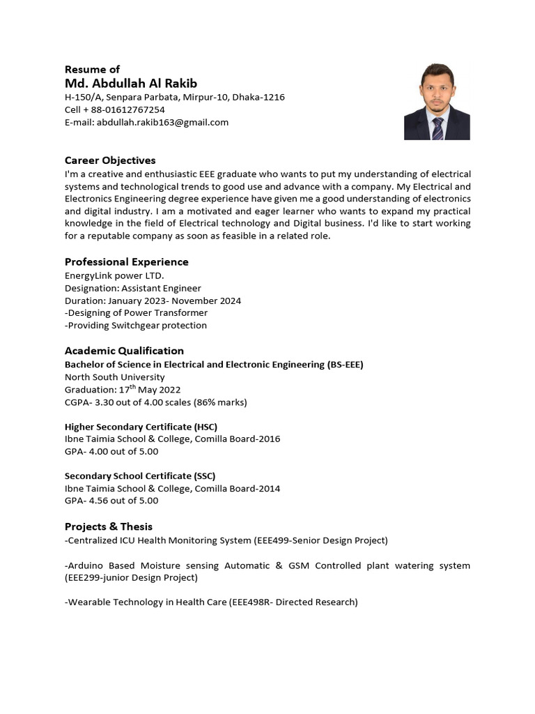 Resume of Md. Abdullah Al Rakib - North South University | PDF