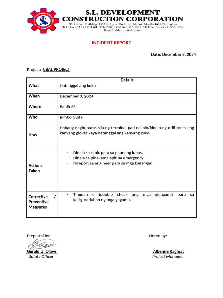 Incident Report: Date: December 3, 2024 Cbal Project Details What When ...