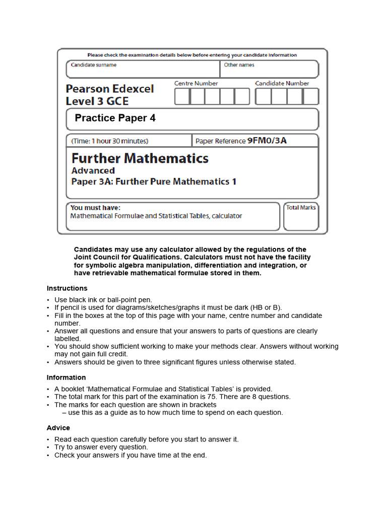 9FM0-3A A Level Further Pure Mathematics 1 - Practice Paper 4 | PDF | Mathematics | Algebra