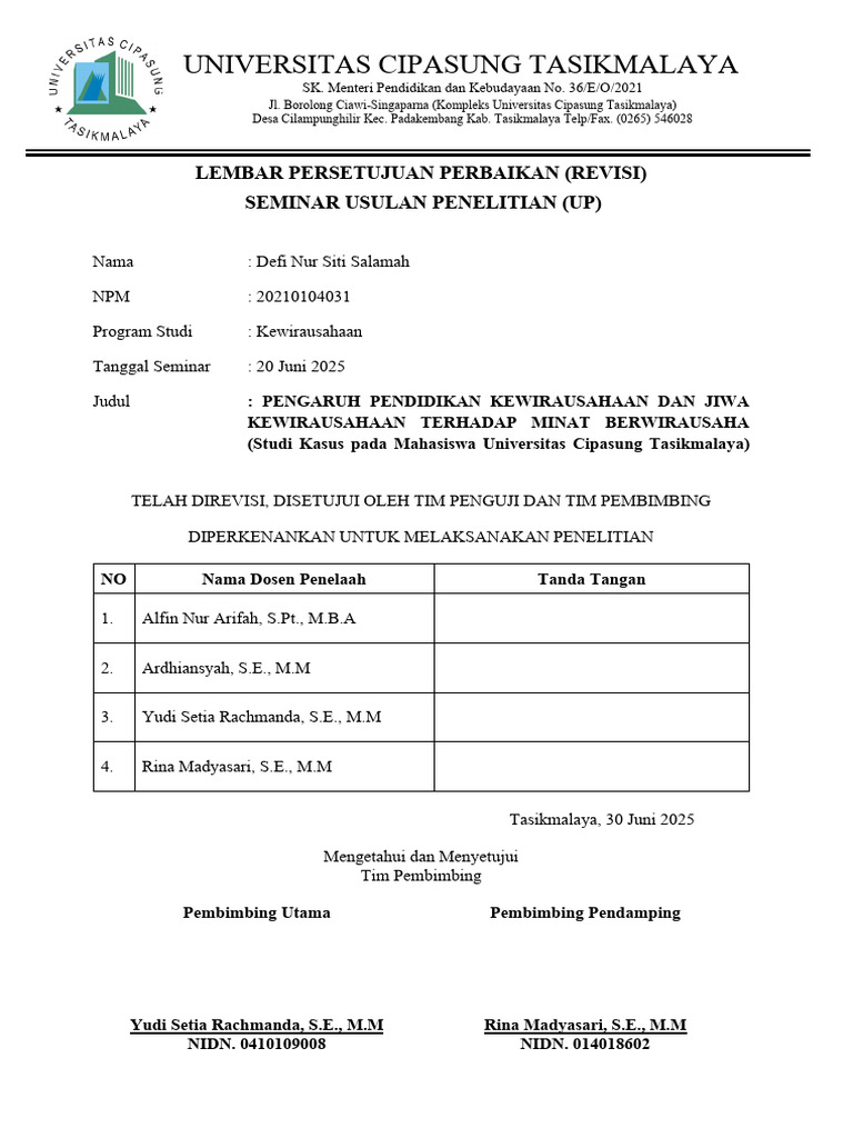 Lembar Persetujuan Perbaikan Up | PDF