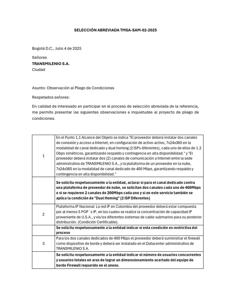 Observaciones 2 Pliego Definitivo Proceso TMSA-SAM-02-2025 | PDF | Computación en la nube | Internet
