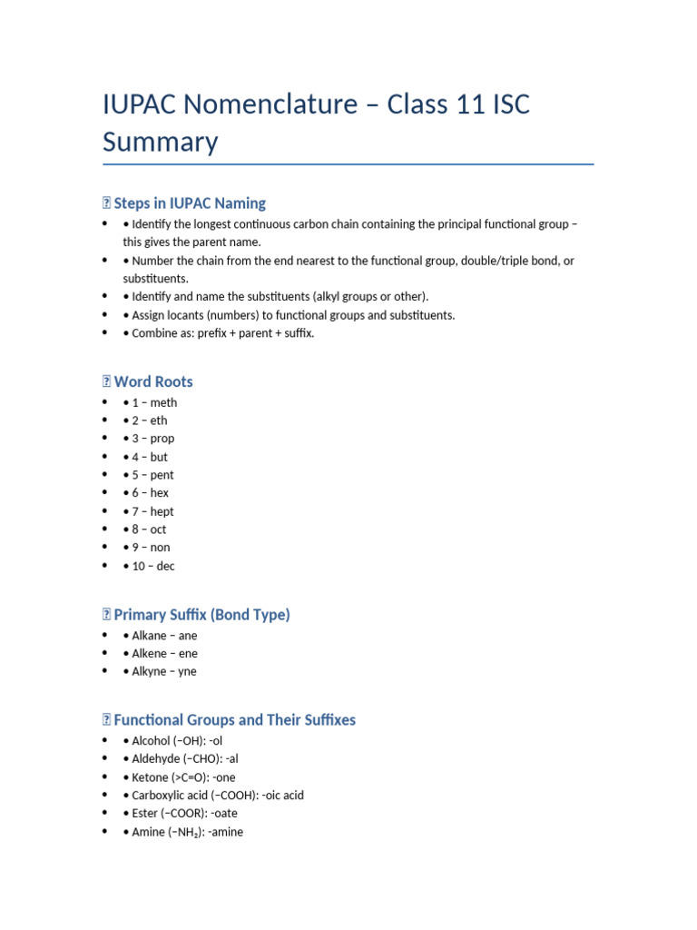 IUPAC Nomenclature ISC Class11 Summary | PDF