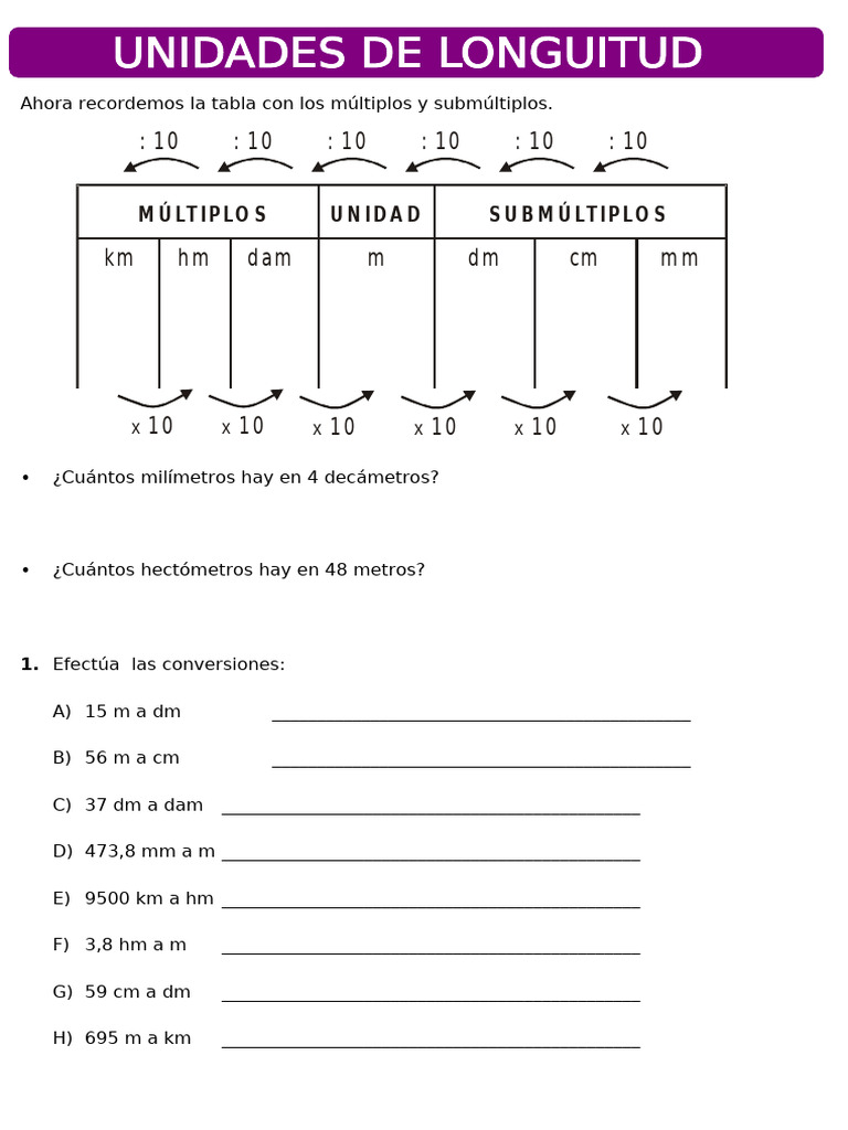 Ejercicios de conversión de longitud primaria | PDF | Metro | Unidades ...