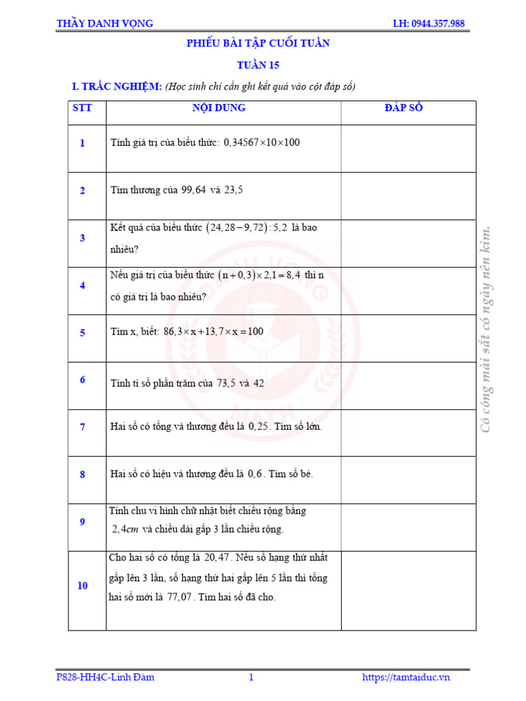 Toan 5 - Phieu Bai Tap Tuan 15 | PDF