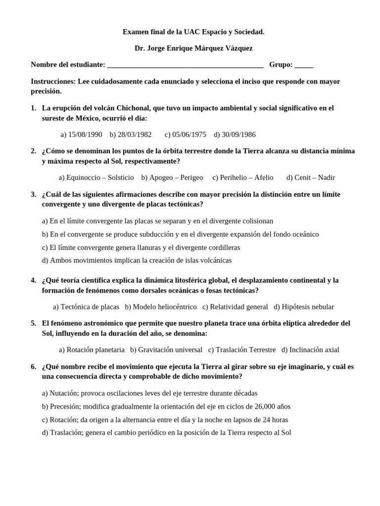 Examen Final UAC: Espacio y Sociedad | PDF | Tierra | Placas tectónicas