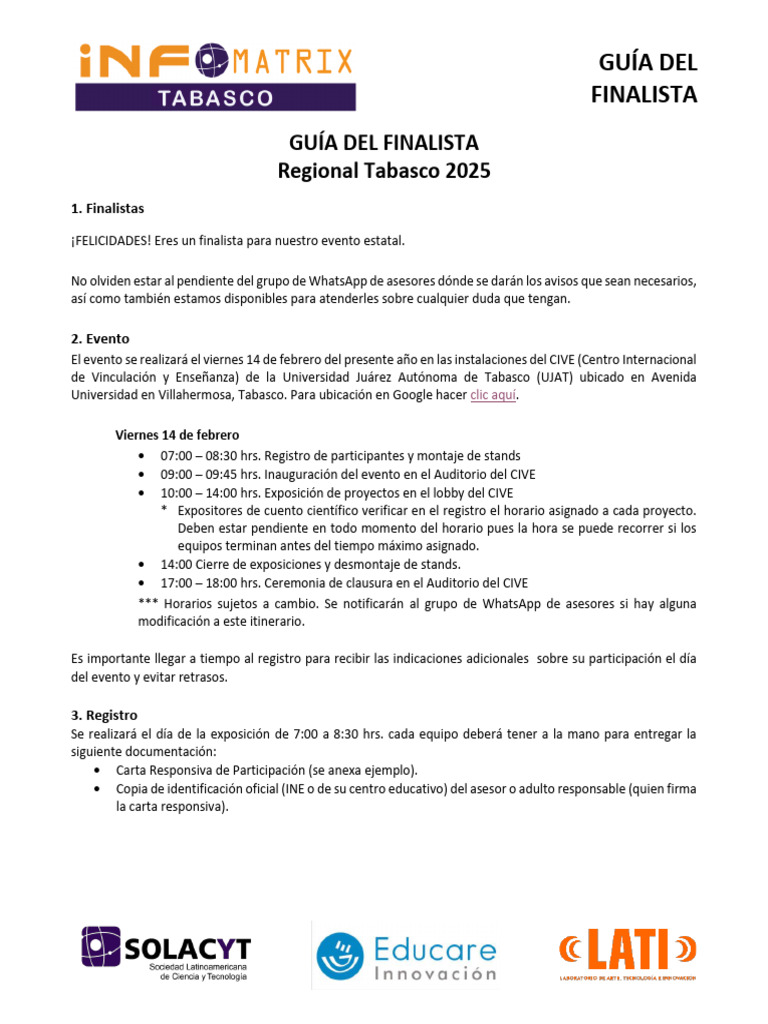 Guía Del Finalista - Infomatrix Tabasco 2025 | PDF