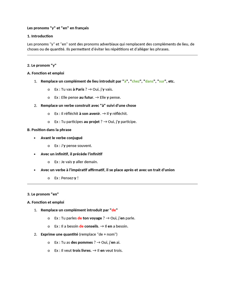 Les Pronoms en Et y | PDF | Verbe | Phrase