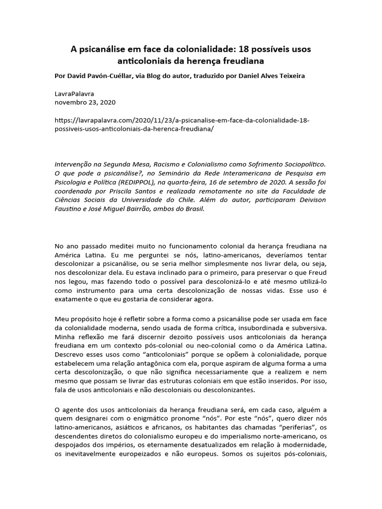 David Pavon Cuellar A Psicanalise em Face Da Colonialidade | PDF ...
