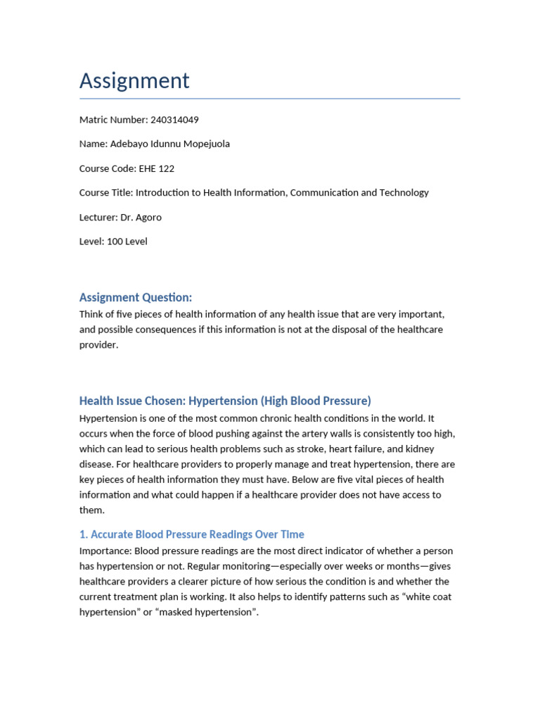 Hypertension Health Info Assignment | PDF | Hypertension | Medicine