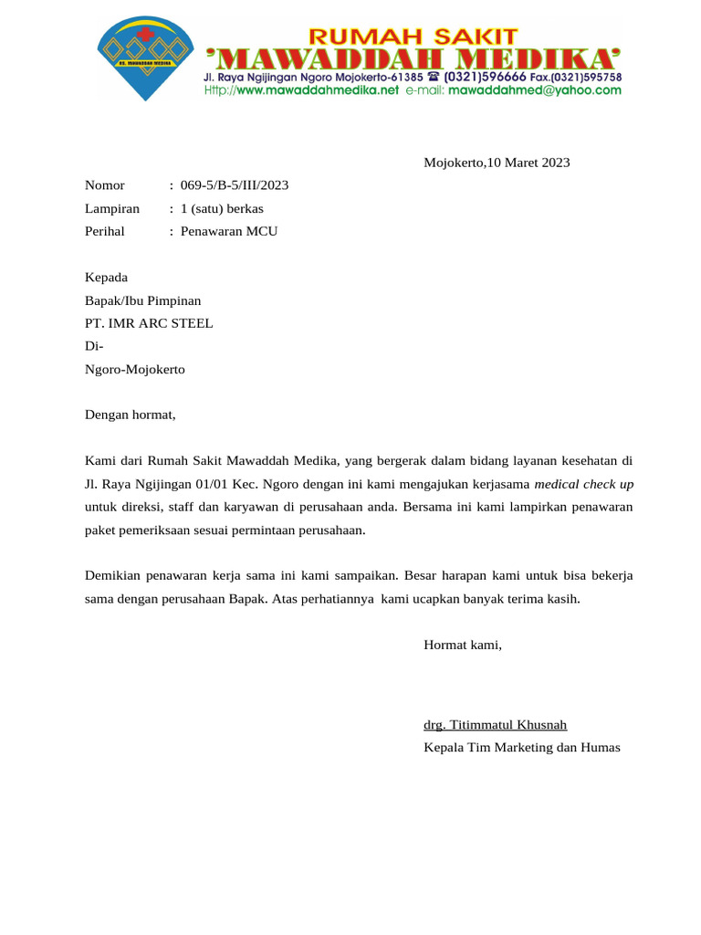 Draft Penawaran MCU PT IMR | PDF