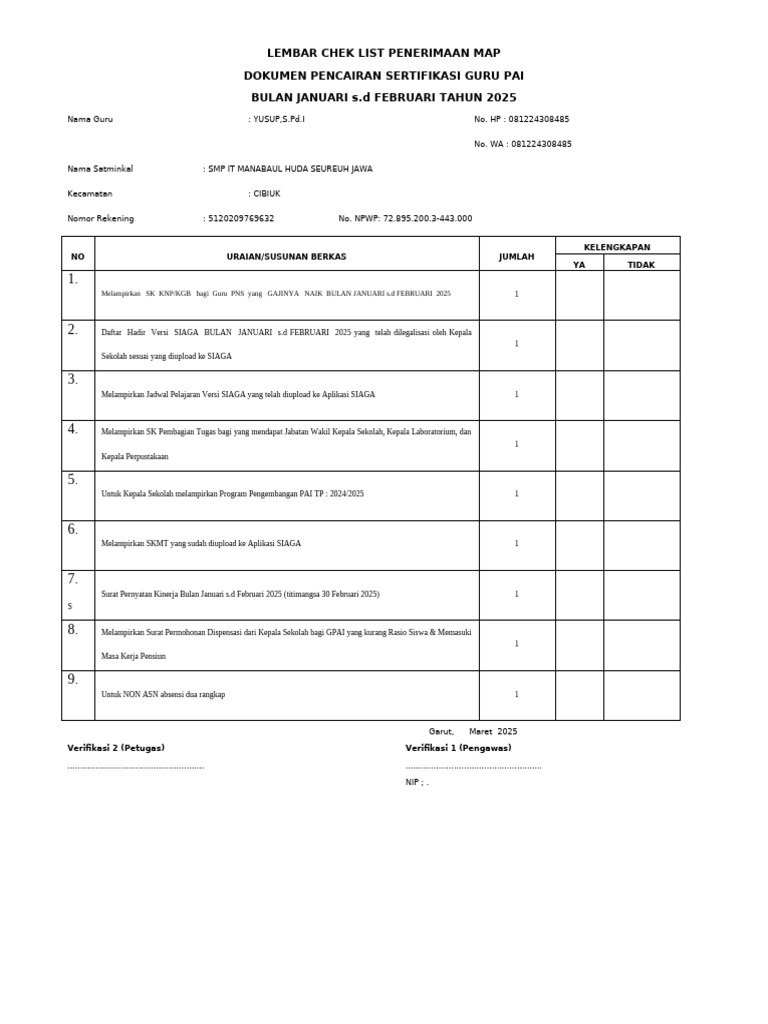 Checklist Penerimaan Sertifikasi Guru PAI | PDF