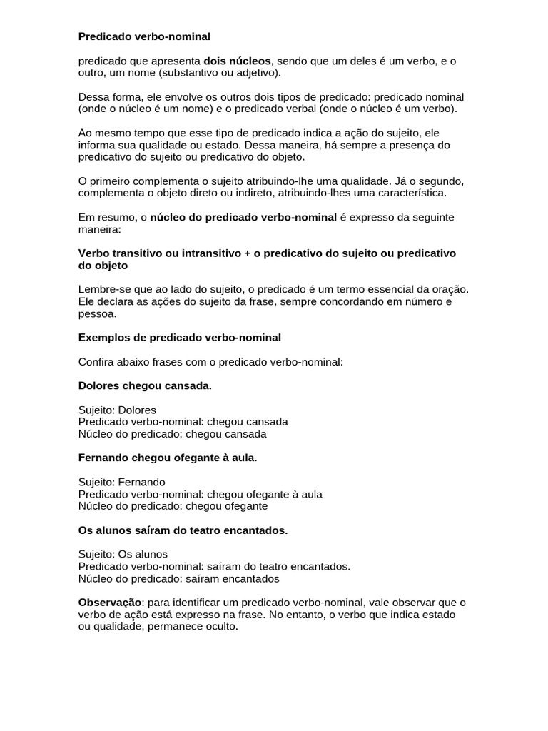 Exemplos de Predicado Verbo-Nominal | PDF