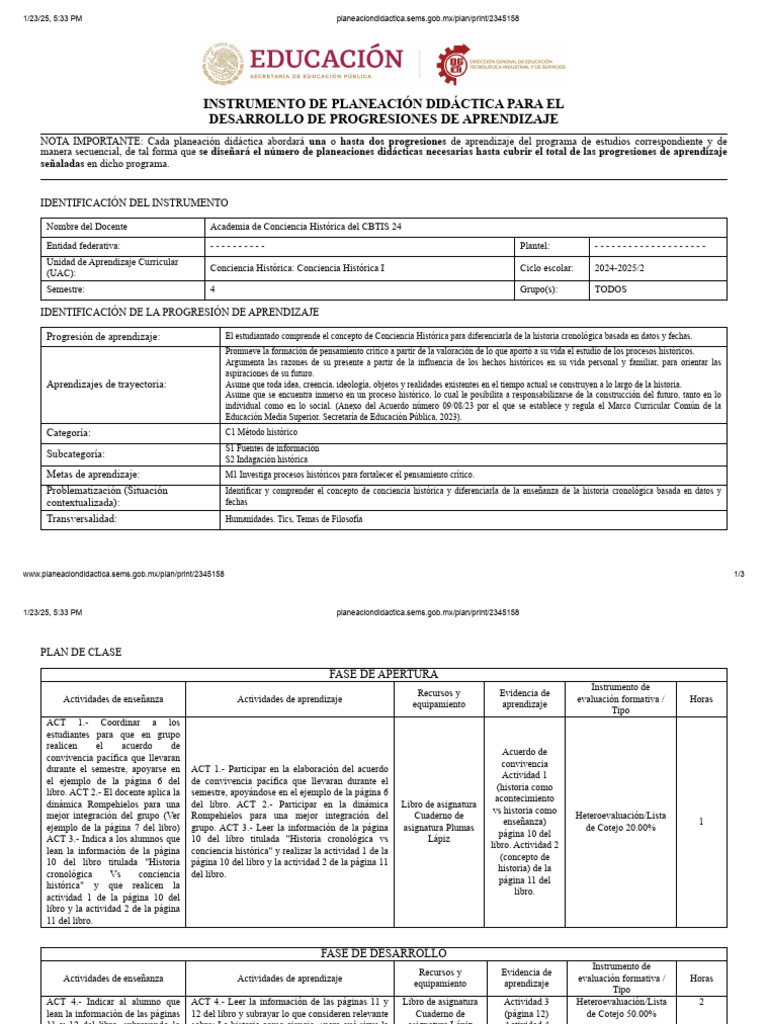 Progresión 1 Juan Carlos Conciencia Histórica | PDF | Enseñando | Aprendizaje