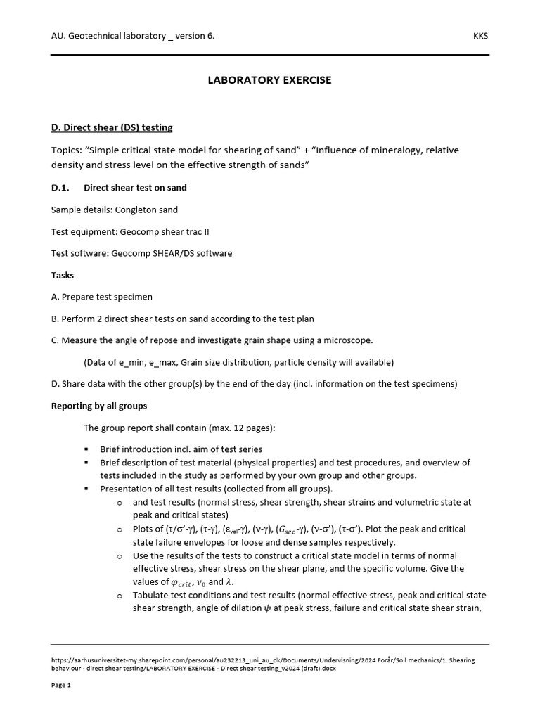LABORATORY EXERCISE - Direct Shear Testing - v2024 | PDF | Soil ...
