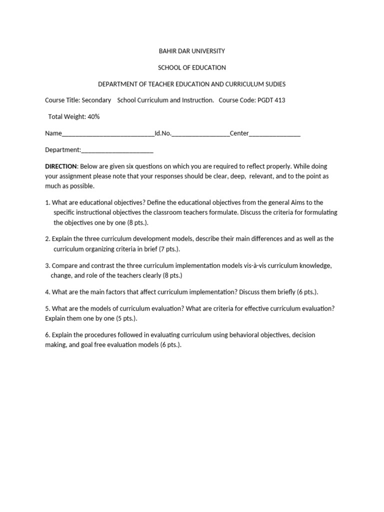 PGDT 413 Secondary School Curriculum Assignment For PGDT Program | PDF