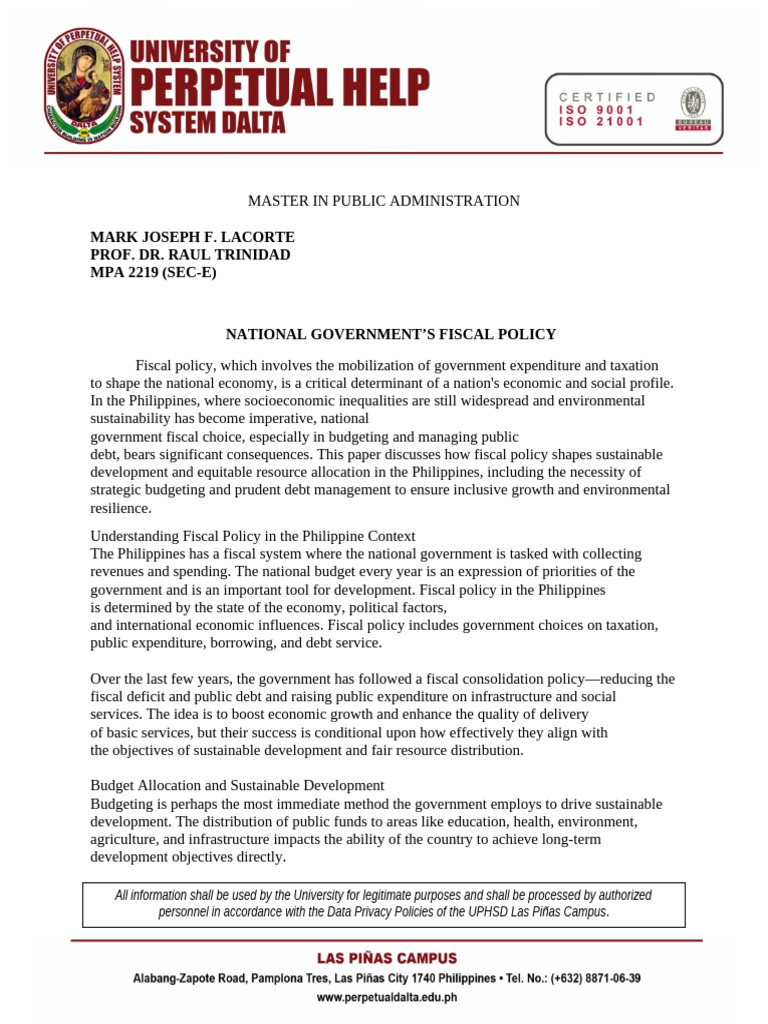 National Governments Fiscal Policy-Dr - Trinidad-Mpa-2219-Sec-E ...
