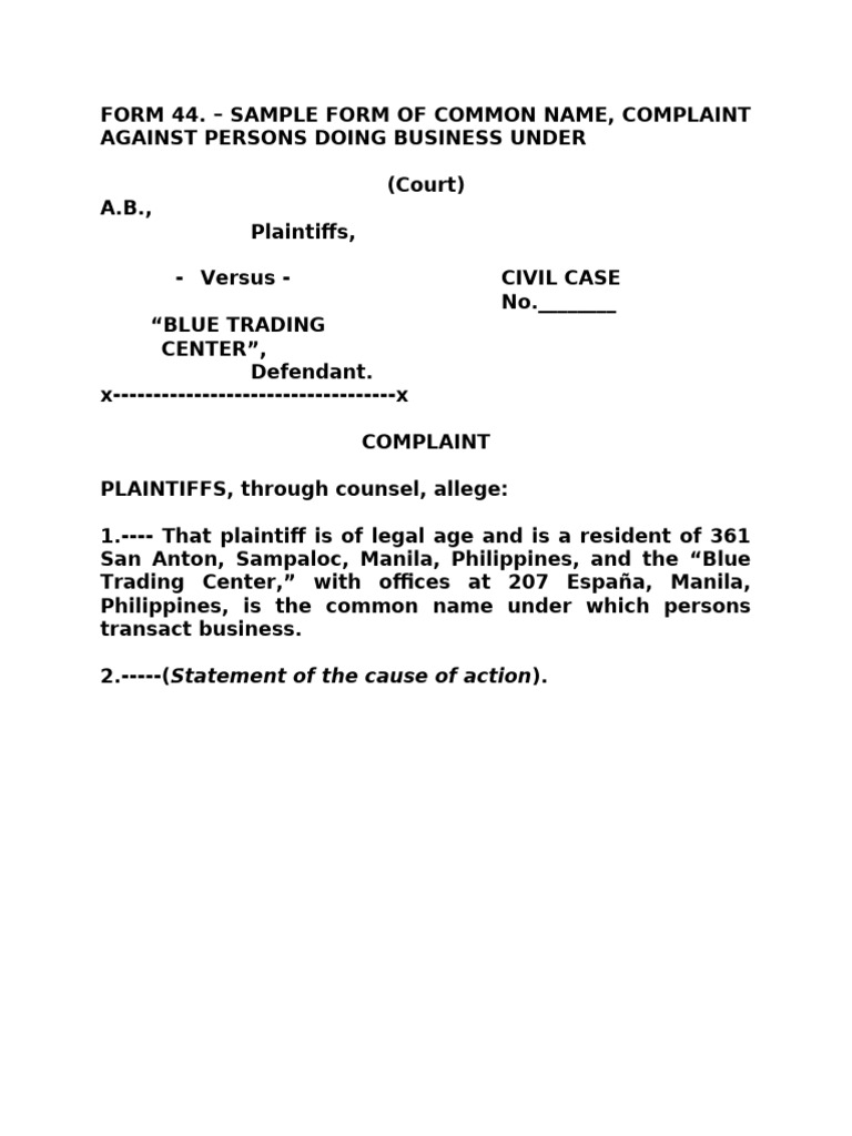 Form 0044 Common Name, Complaint Against Persons Doing Business Under | PDF