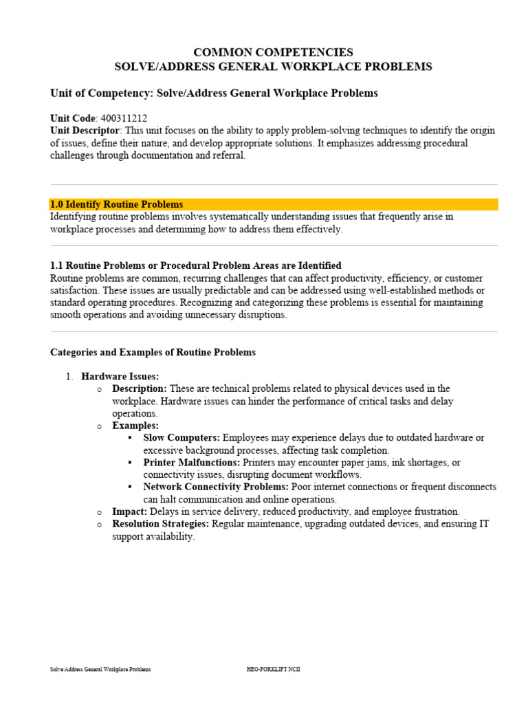 BASIC COMPETENCIES-Solve, Address General Workplace Problems | PDF ...