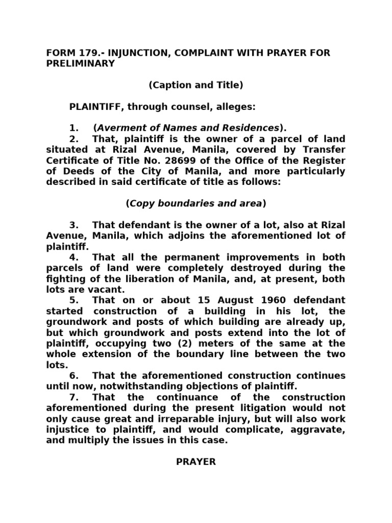 Form 0179 Injunction, Complaint With Prayer For Preliminary | PDF