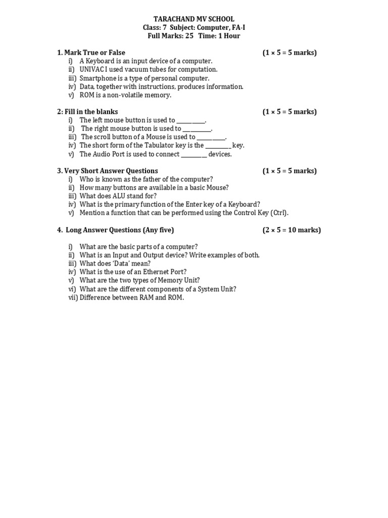 7th Class Computer Exam Paper | PDF