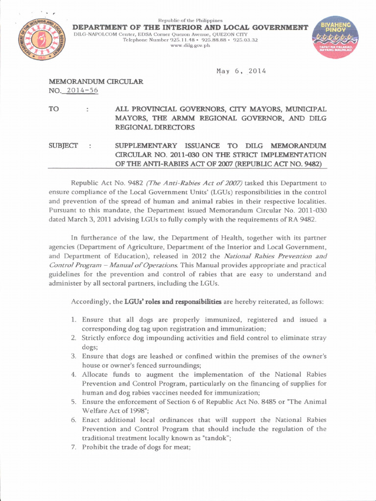 DILG Guidelines for Anti-Rabies Act Compliance | PDF | Animals And Humans