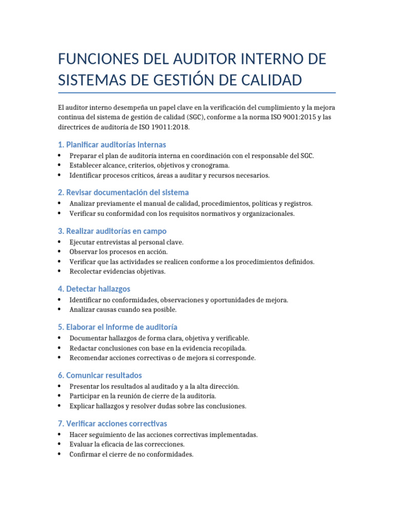 Funciones Auditor Interno SGC | PDF