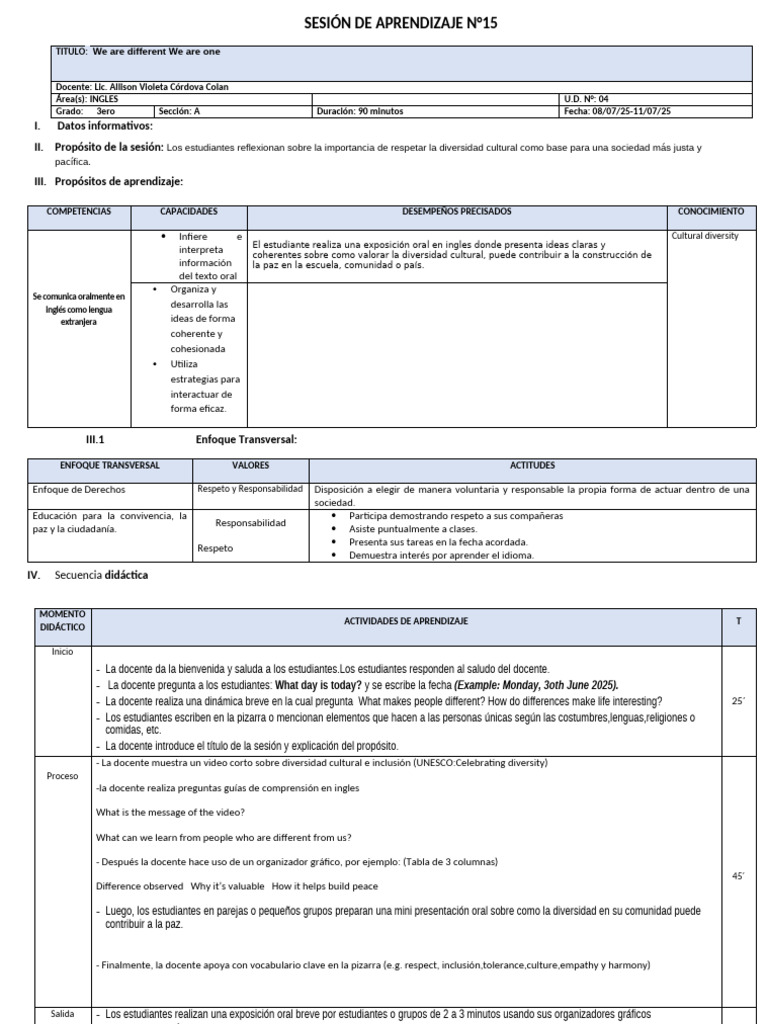 Sesion de Aprendizaje 3ero Sec A Ingles Del 08 de Julio Al 11 de Julio Del 2025 | PDF | Maestros ...