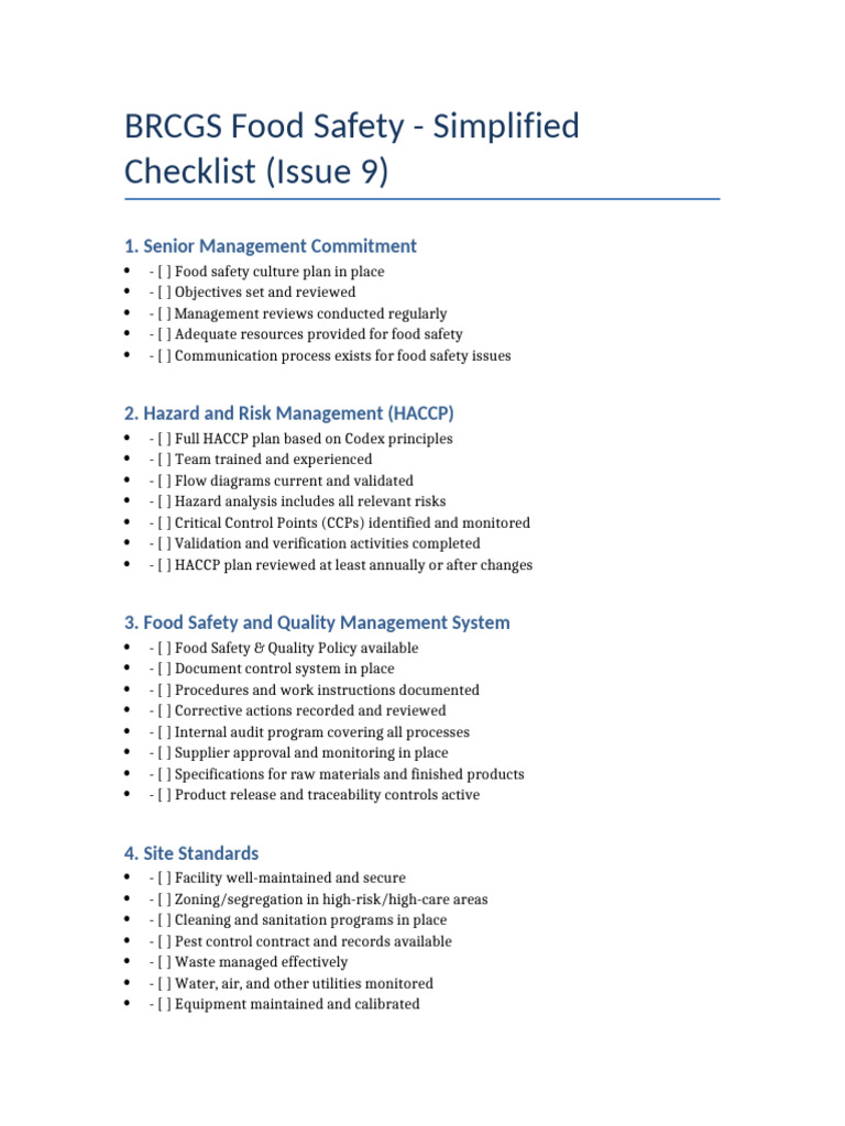 BRCGS Issue 9 Audit Checklist | PDF | Food Safety | Hazard Analysis And ...