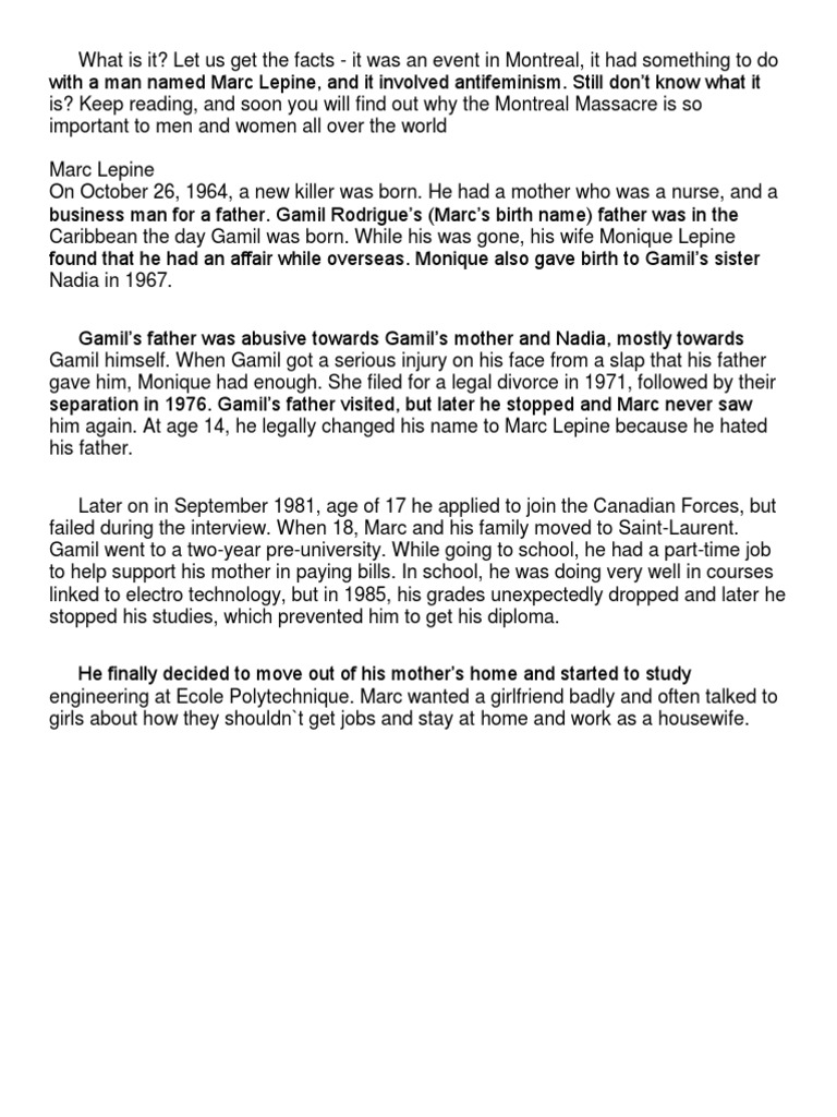 Marc Lepine and the Montreal Massacre | PDF | Woman | Violence
