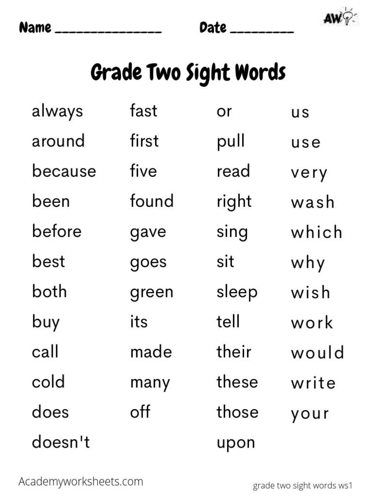Grade Two Sight Words Worksheet Compressed | PDF