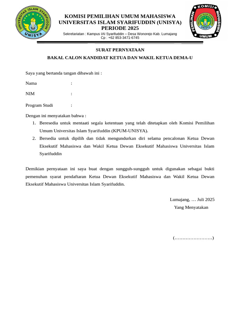 Surat Pernyataan Dema U | PDF