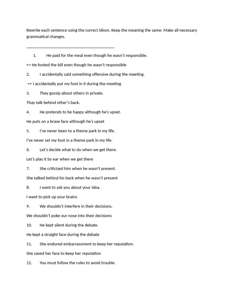 Rewrite Each Sentence Using The Correct Idiom Teacher Vakeel | PDF