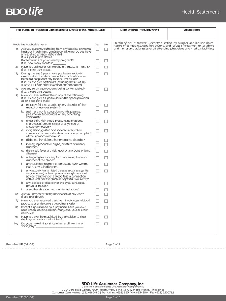 Health Statement for Life Insurance | PDF | Human Diseases And ...