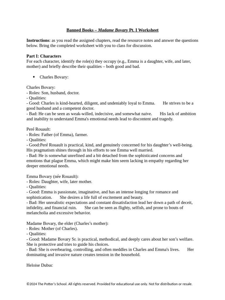Mme Bovary PT I Worksheet | PDF | Madame Bovary