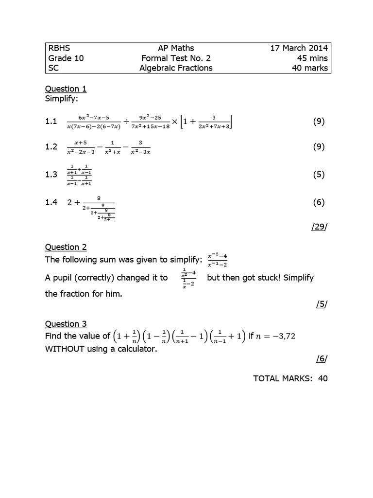 Grade 10 Algebraic Fractions Test | PDF