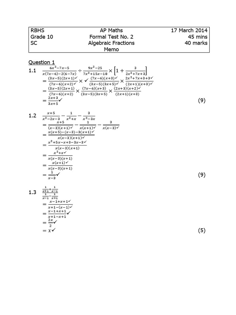 Grade 10 Algebraic Fractions Test Memo | PDF | Mathematics