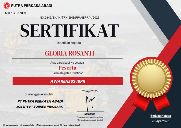 Sertifikat Training Internal k3plm Gloria Rosanti Awareness Ibpr | PDF