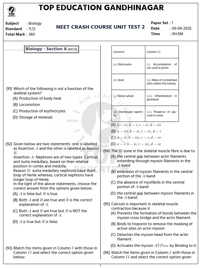 Neet Crash Course Unit Test 2 1743817635 | PDF | Musculoskeletal System ...