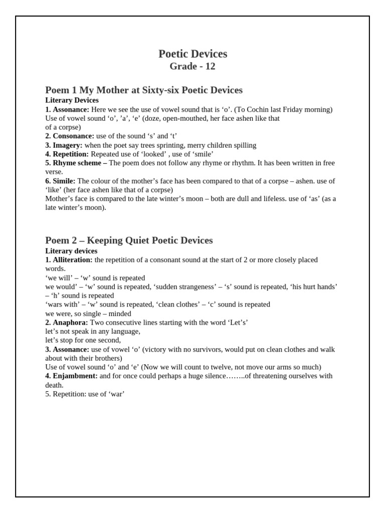 Poetic Devices in Class 12 Poems | PDF | Poetry | Rhyme