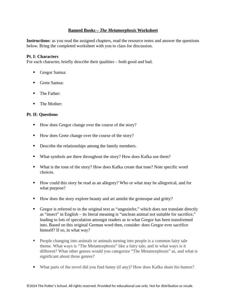 Metamorphosis Worksheet | PDF | The Metamorphosis
