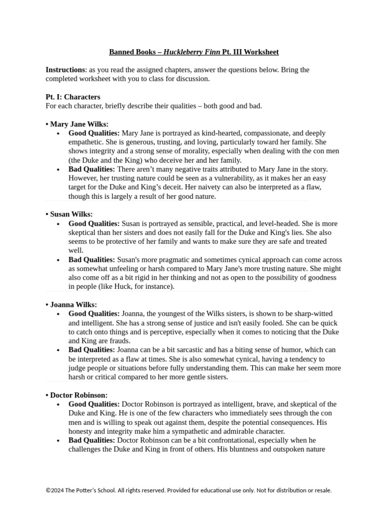 Huck Finn PT III Worksheet | PDF | Huckleberry Finn