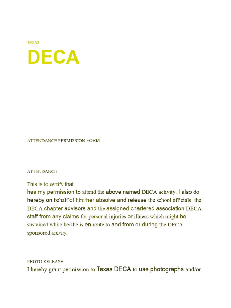 Texas DECA Attendance Permission Form | PDF