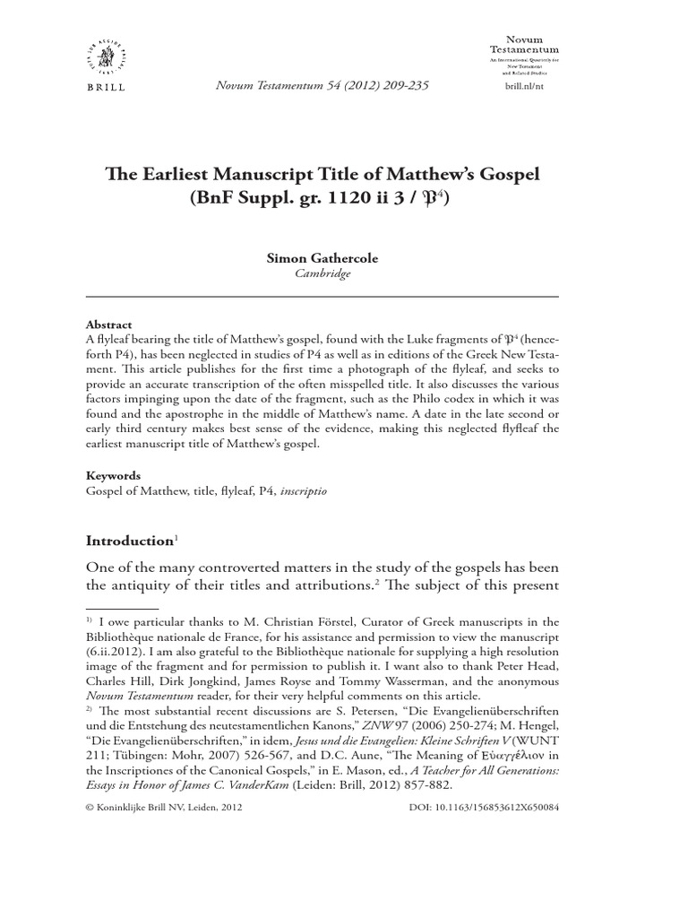 The Earliest Manuscript Title of Matthew | PDF | Codex | Palaeography