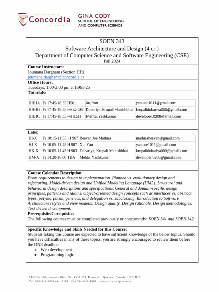 SOEN 343 F2024 Course Outline | PDF | Project Management | Unified ...